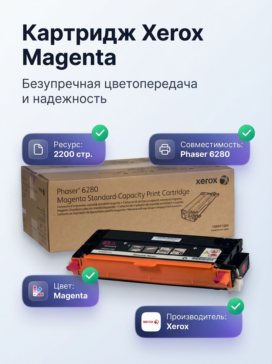 Картридж лазерный Xerox 106R01389, пурпурный (Magenta), 2200 страниц, для Phaser 6280