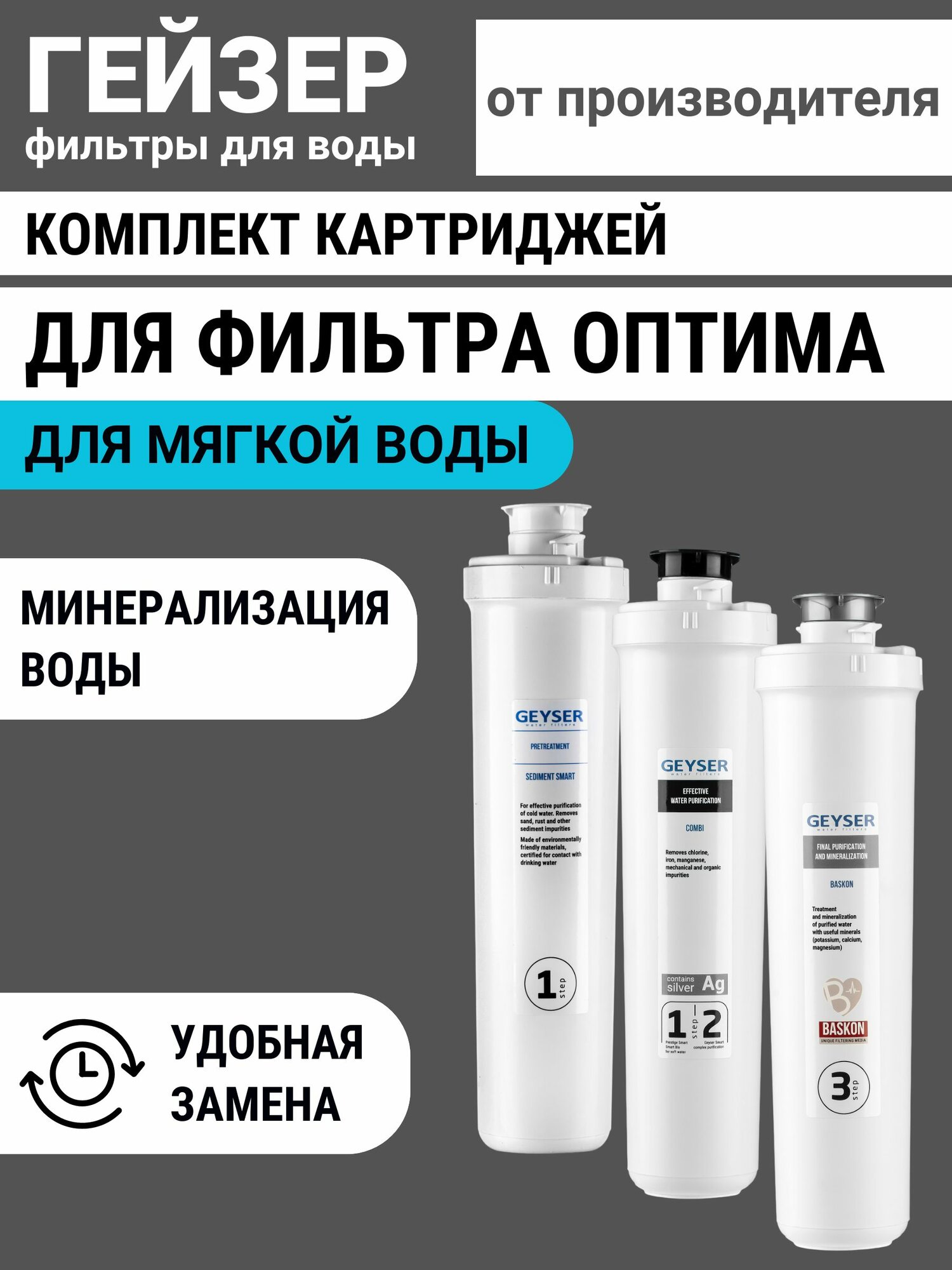 Комплект картриджей для фильтра Гейзер Оптима для мягкой воды, с минерализацией, 50123