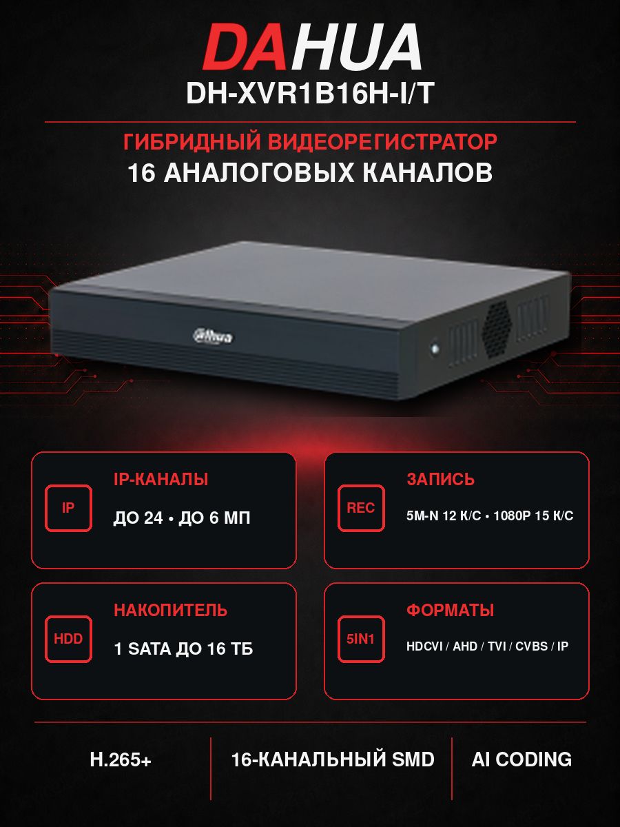 Dahua DH-XVR1B16H-I/T - гибридный TVI-видеорегистратор, 16 каналов, запись до 6 Мп