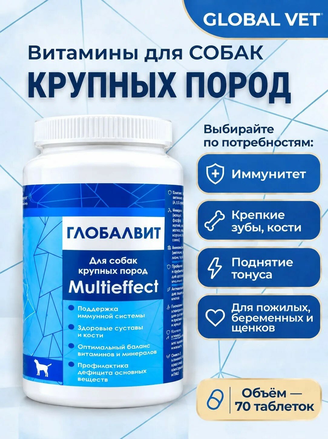 Витамины для взрослых собак крупных пород GlobalVit Multieffect 70 таб