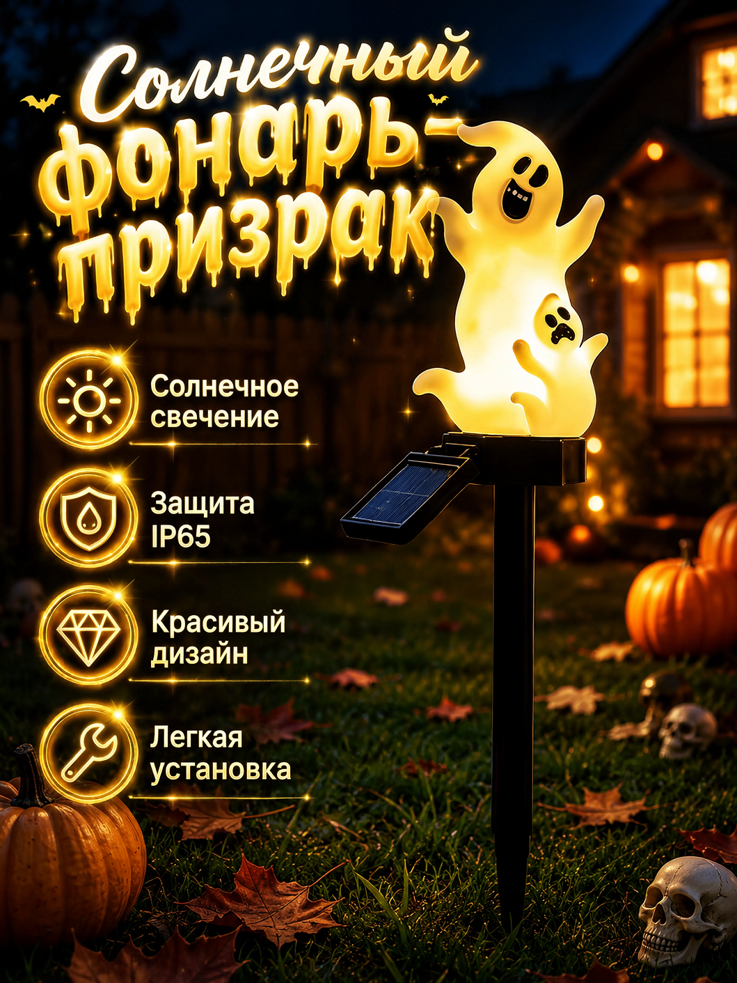 Солнечные фонари‑колышки для Хэллоуина, садовые декоративные светильники