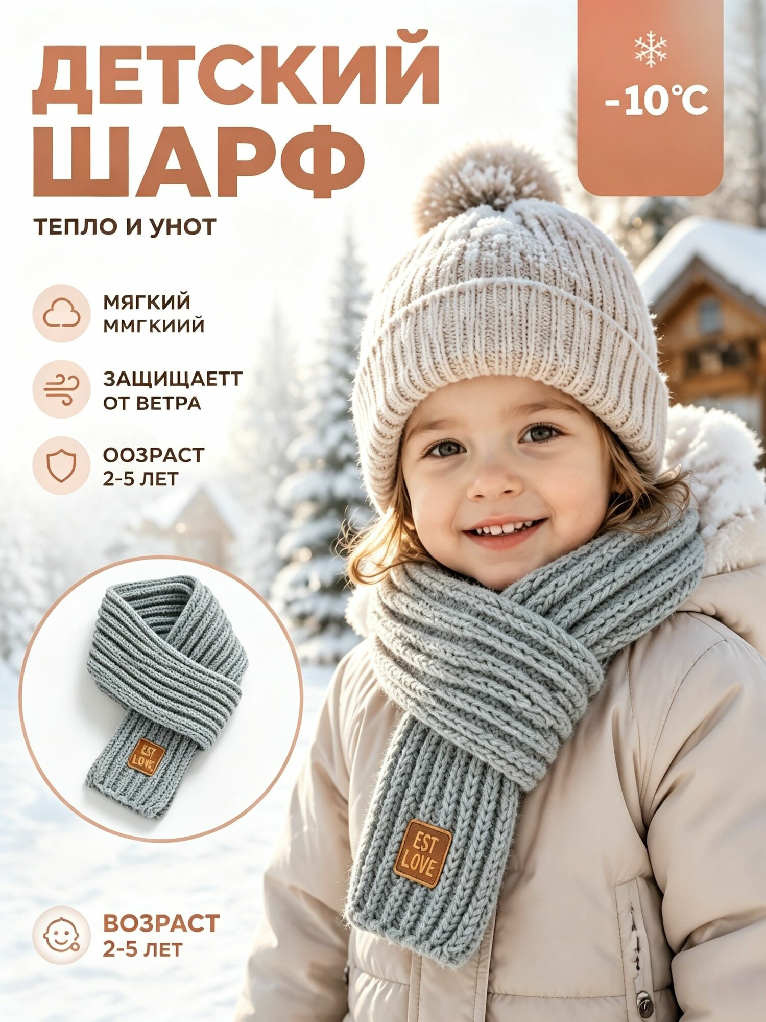 Шарф , 5 лет, серый — фото 1
