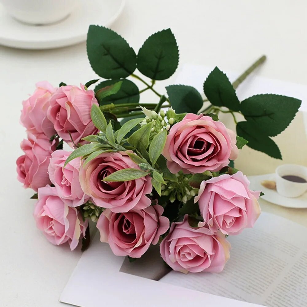 Искусственные розы Real Happy Flower, 10 шт, 6 цветов Розовый, Dark Pink