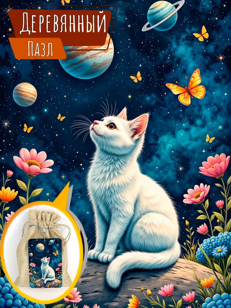 Деревянные пазлы Кот среди планет