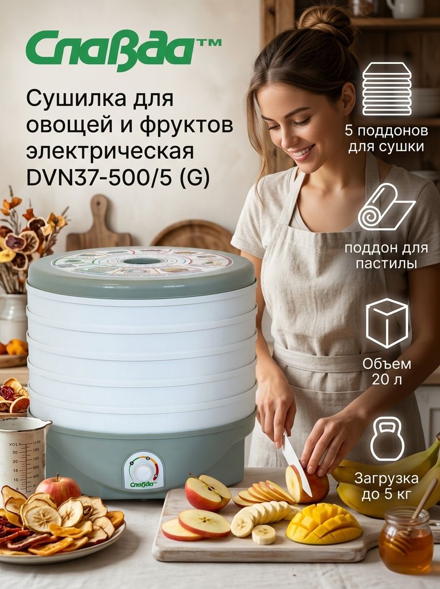 Сушилка для овощей и фруктов электрическая Славда DVN37 - 500/5 (G), на 5 кг, 20 литров, 5 поддонов