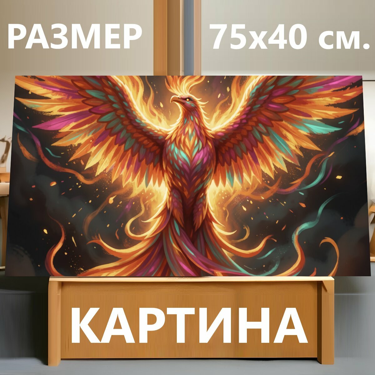 Картина на холсте "Огненная птица с расправленными крыльями. Фантастический жар-птица в сиянии пламени, с яркими крыльями и перьями в." на подрамнике 75х40 см. для интерьера