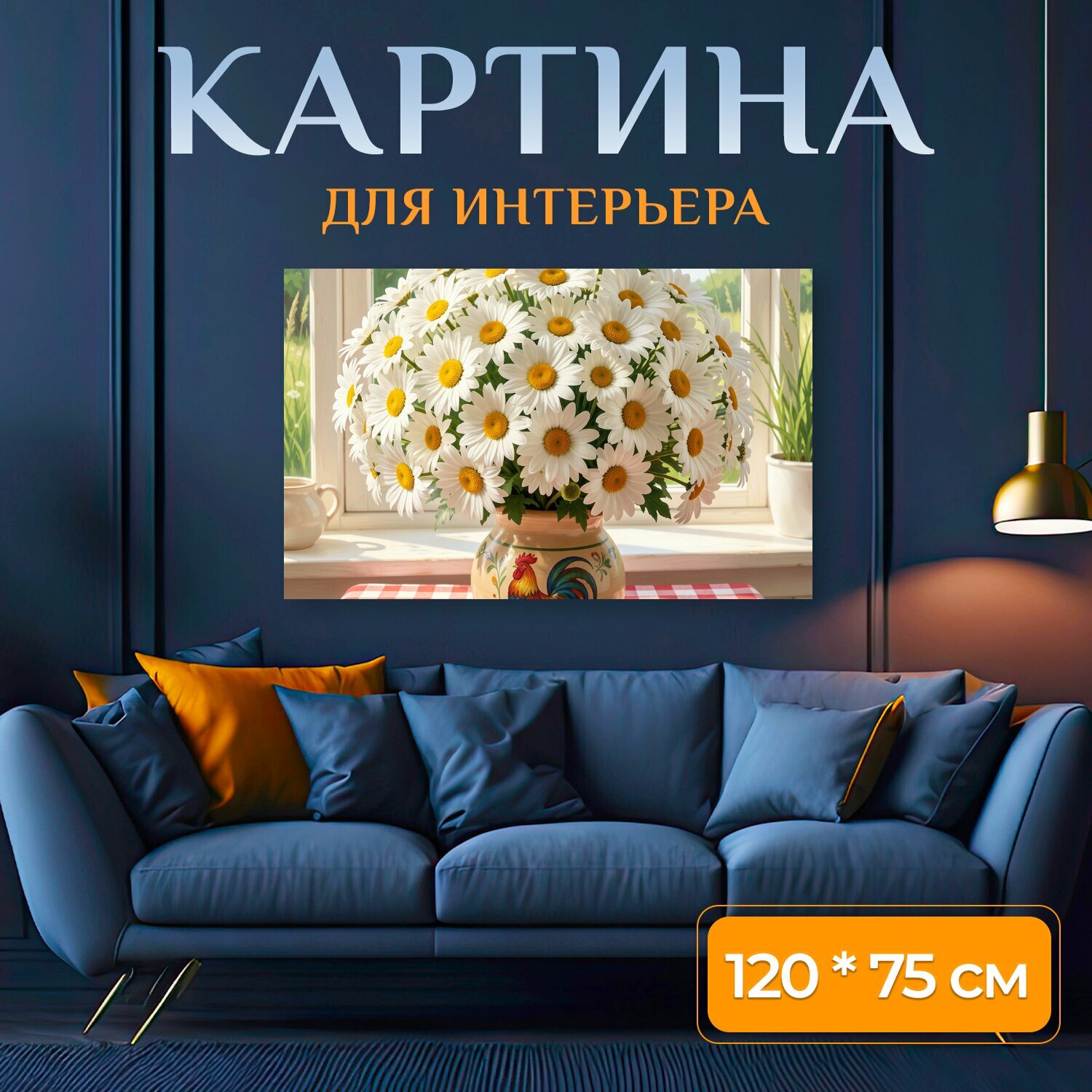 Картина на холсте "Белые ромашки у окна. Пышный букет полевых цветов в керамической вазе с петухом, солнечный натюрморт у светлого окна." на подрамнике 120х75 см. для интерьера