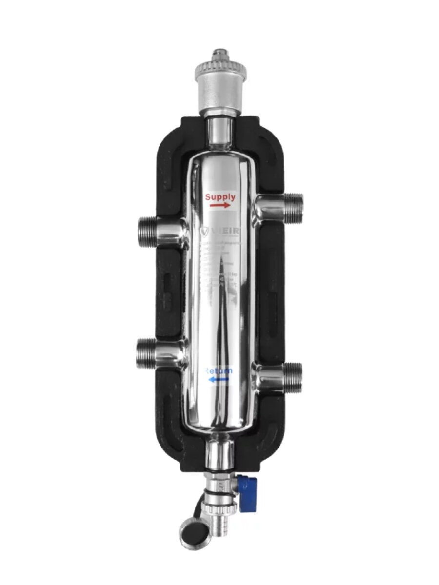 Гидравлический разделитель VIEIR нержавеющая сталь, 28кВт, DN20, 3/4"НР с воздухоотводчиком (VMB-20-28)