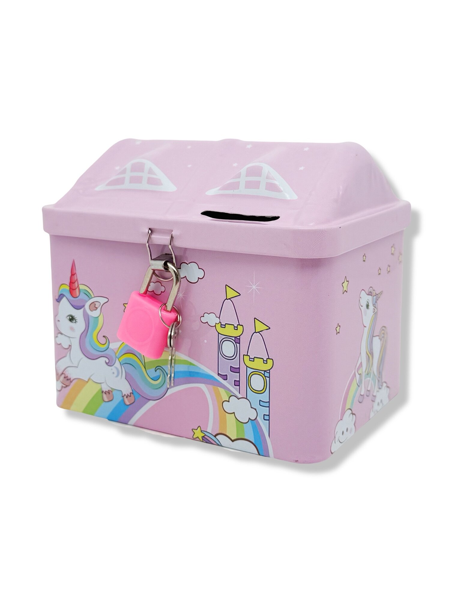 Копилка детская "Единорог", металл, с замком, 11х12х8 см розовая