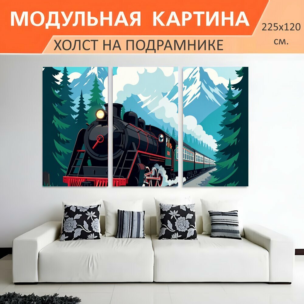 Модульная картина на холсте "Паровой поезд в горах. Ретро локомотив мчится по рельсам среди хвойного леса и снежных вершин, густой." триптих на подрамнике 225х120 см. для интерьера