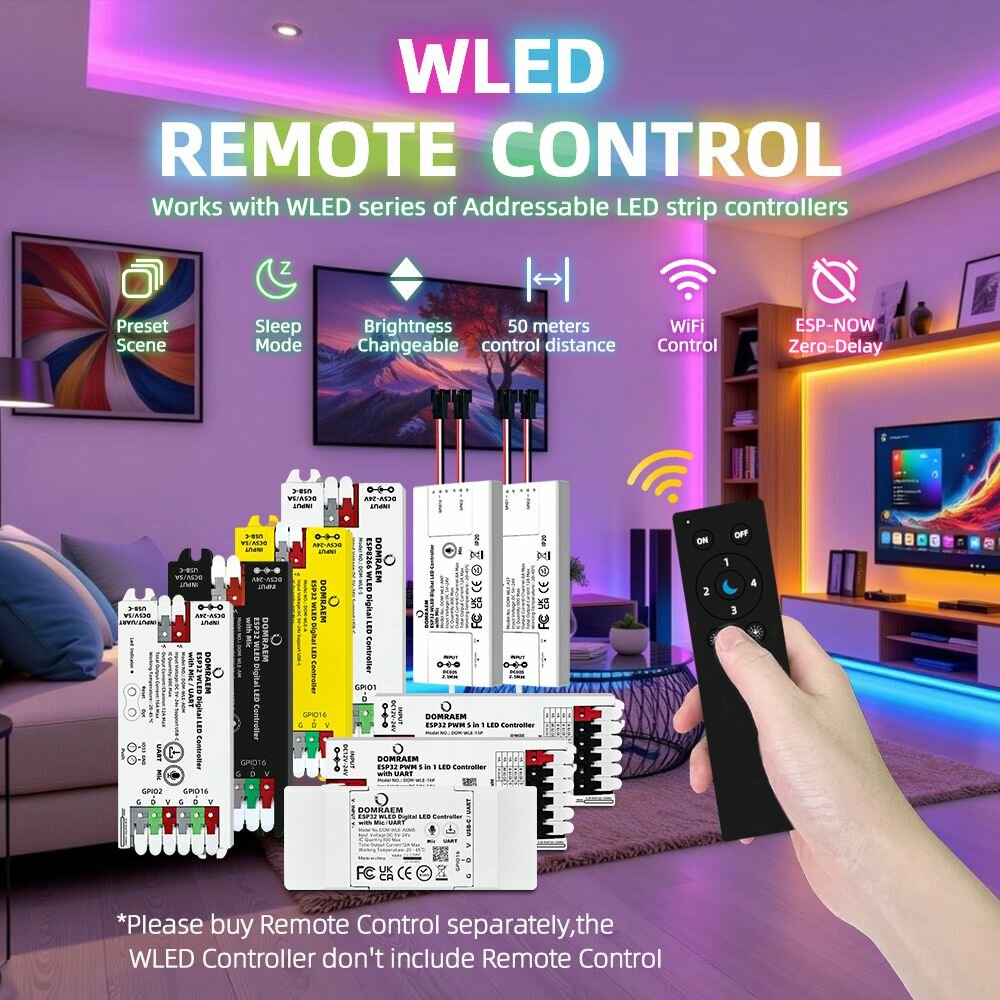 WI-Fi пульт управления WLED контроллерами. Domraem DOM-WLE-RC005, 50 метров, 2хAAA