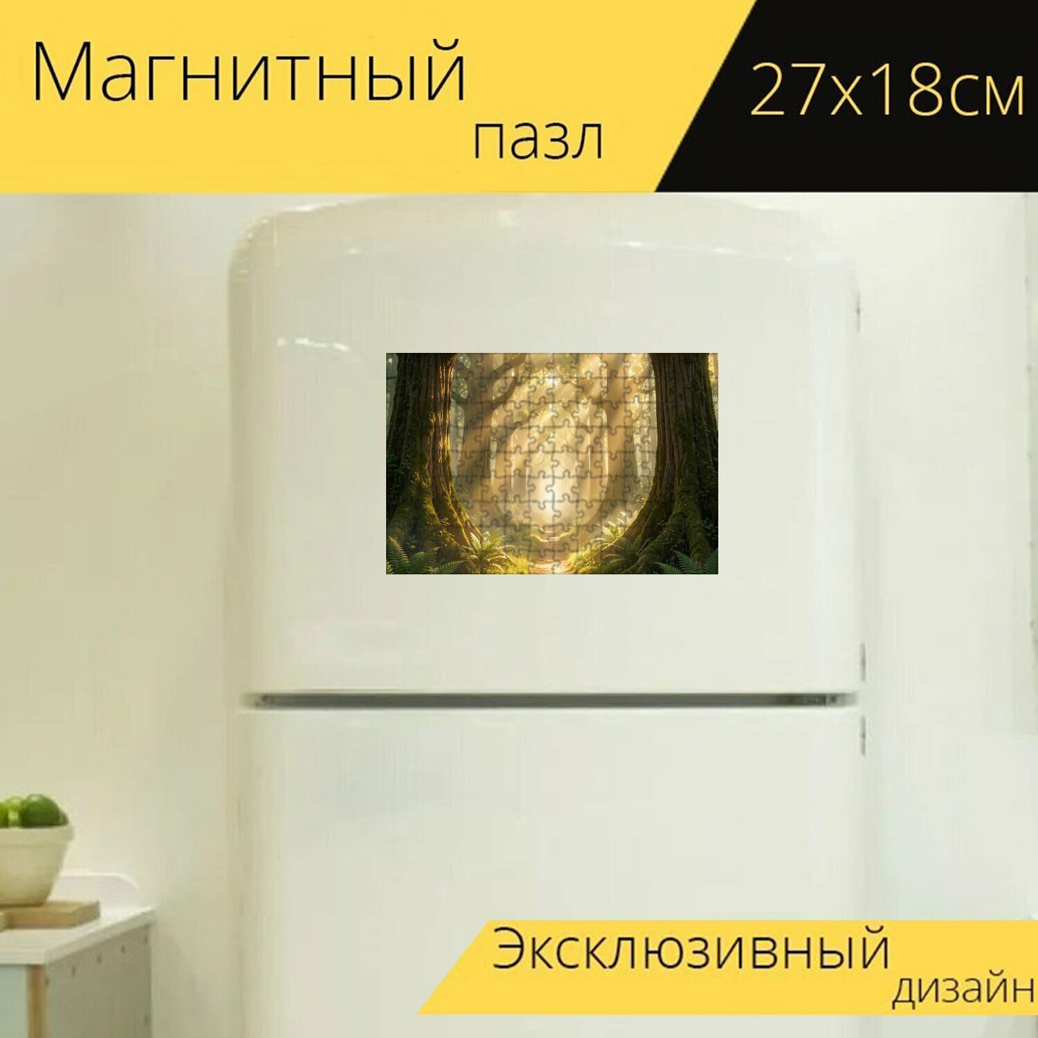 Магнитный пазл "Солнечная лесная тропа. Таинственный древний бор с мощными стволами, папоротниками и золотистыми лучами сквозь туман. Атмосферный." на холодильник 27 x 18 см.