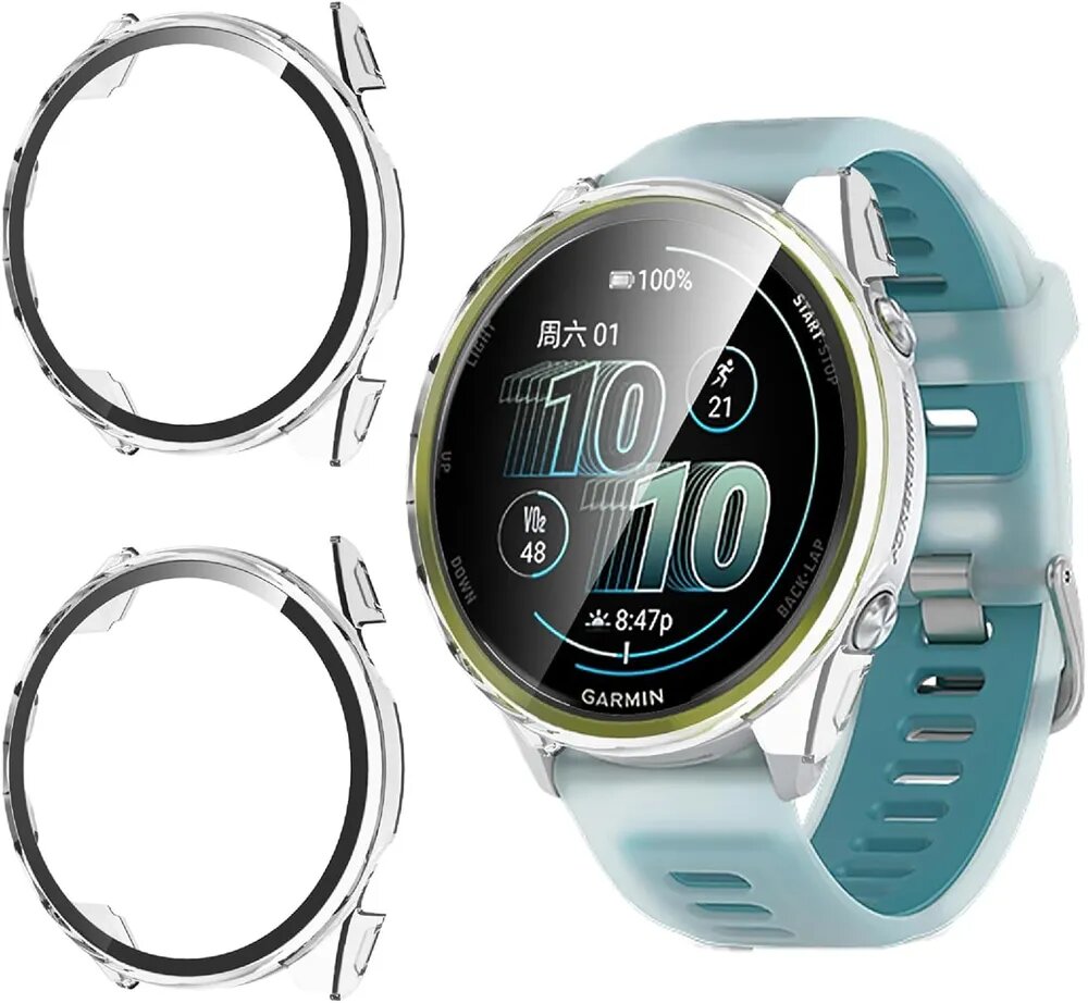 Чехол, совместимый с Garmin Forerunner 570 42 мм 47 мм, 2 шт. защитная стеклянная пленка + прозрачная жесткая пластиковая рамка+прозрачный чехол