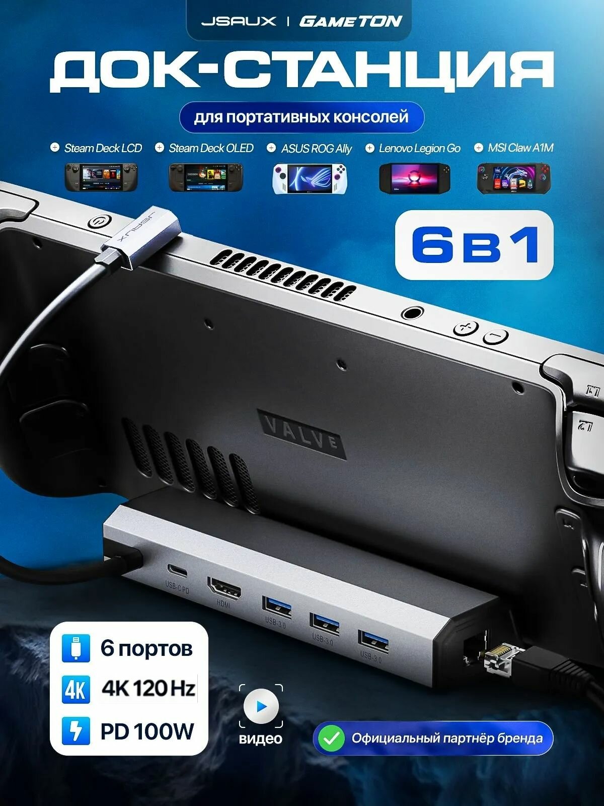 Док-станция (6 в 1) JSAUX (4K 120 Гц) для Steam Deck LCD/OLED, ASUS ROG Ally/X, Lenovo Legion Go/S, MSI Claw (6 портов: HDMI 2.1, Gigabit Ethernet, 3 USB-A 3.0, USB-C 100W) Стим Дек - HB0603S
