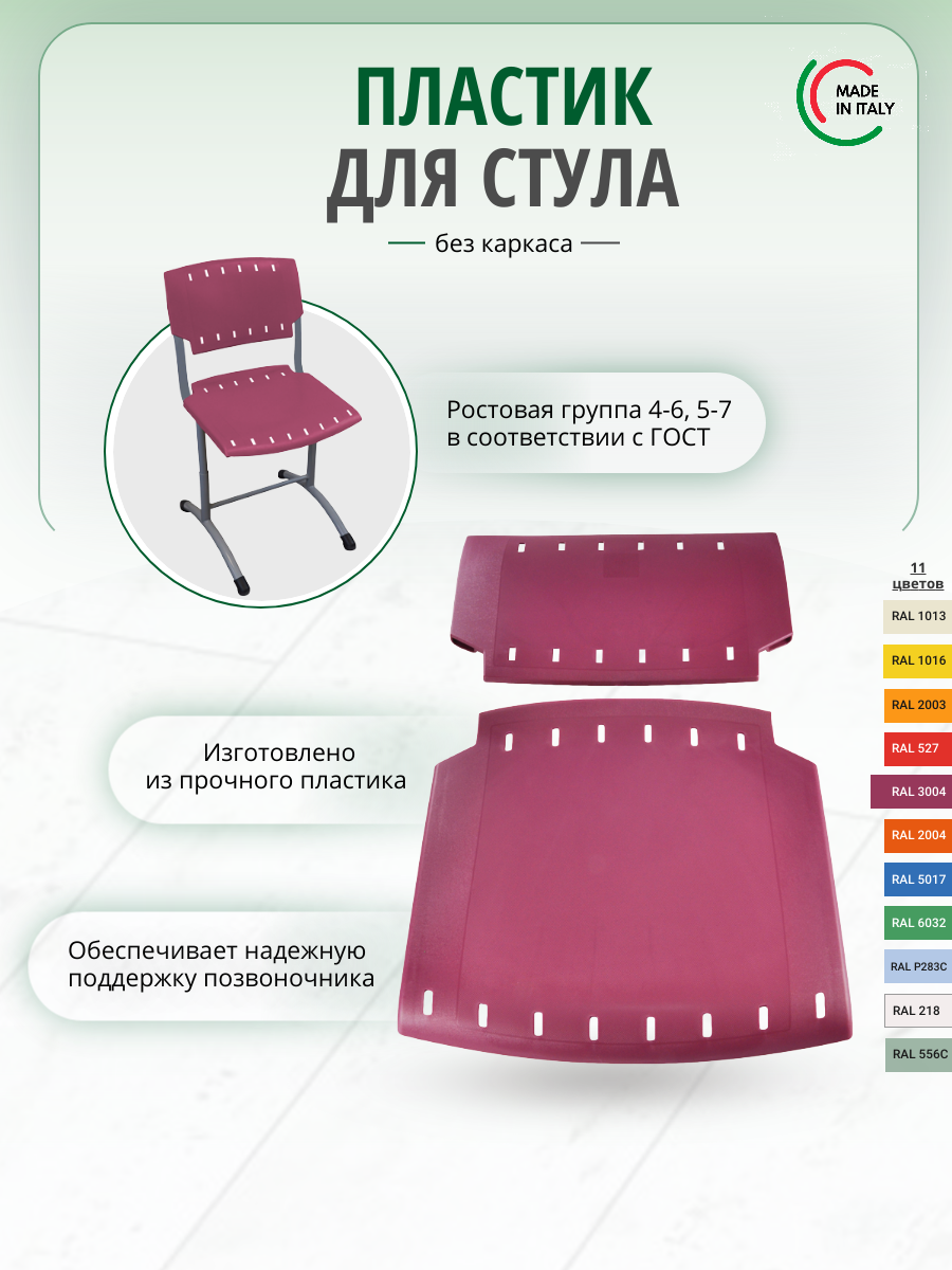 Пластиковое сидение и спинка для стула, каркасов школьной мебели и каркасов изо (Италия)