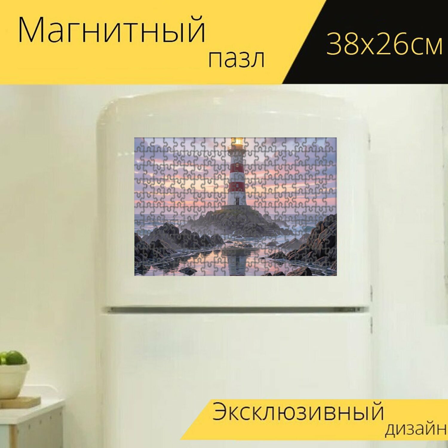 Магнитный пазл "Маяк на скалистом берегу. Живописный морской пейзаж с полосатой башней на утёсе, отражением в спокойной воде, камнями и мягким сиянием." для интерьера, 38х26 см.