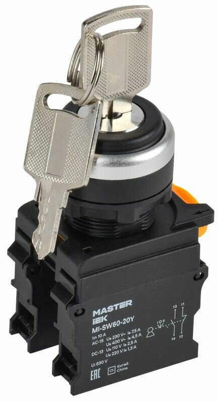 Переключатель 3 полож. 1НО+1НЗ с ключом черн. MASTER IEK MI-SW60-20Y-3-34-3-K02