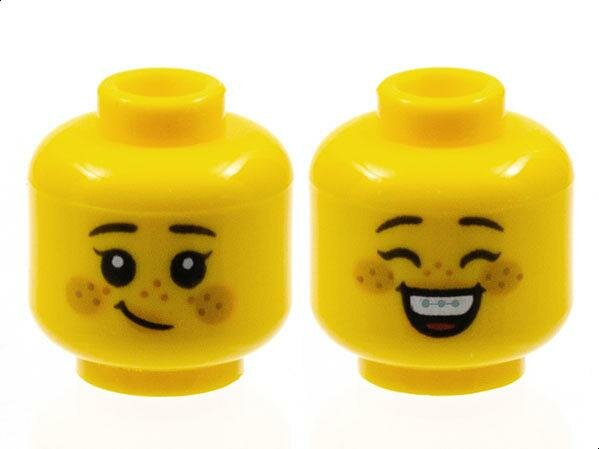 Деталь Lego 3626pb2962 Minifigure, Head Dual Sided Child Female Black Eyebrows, Eyelashes, Bright Light Orange Lips and Circles on Cheeks, Medium Nougat Freckles, Lopsided Grin / Closed Eyes and Open Mouth Smile with Top Teeth, Braces, and Red Tongue Patt…