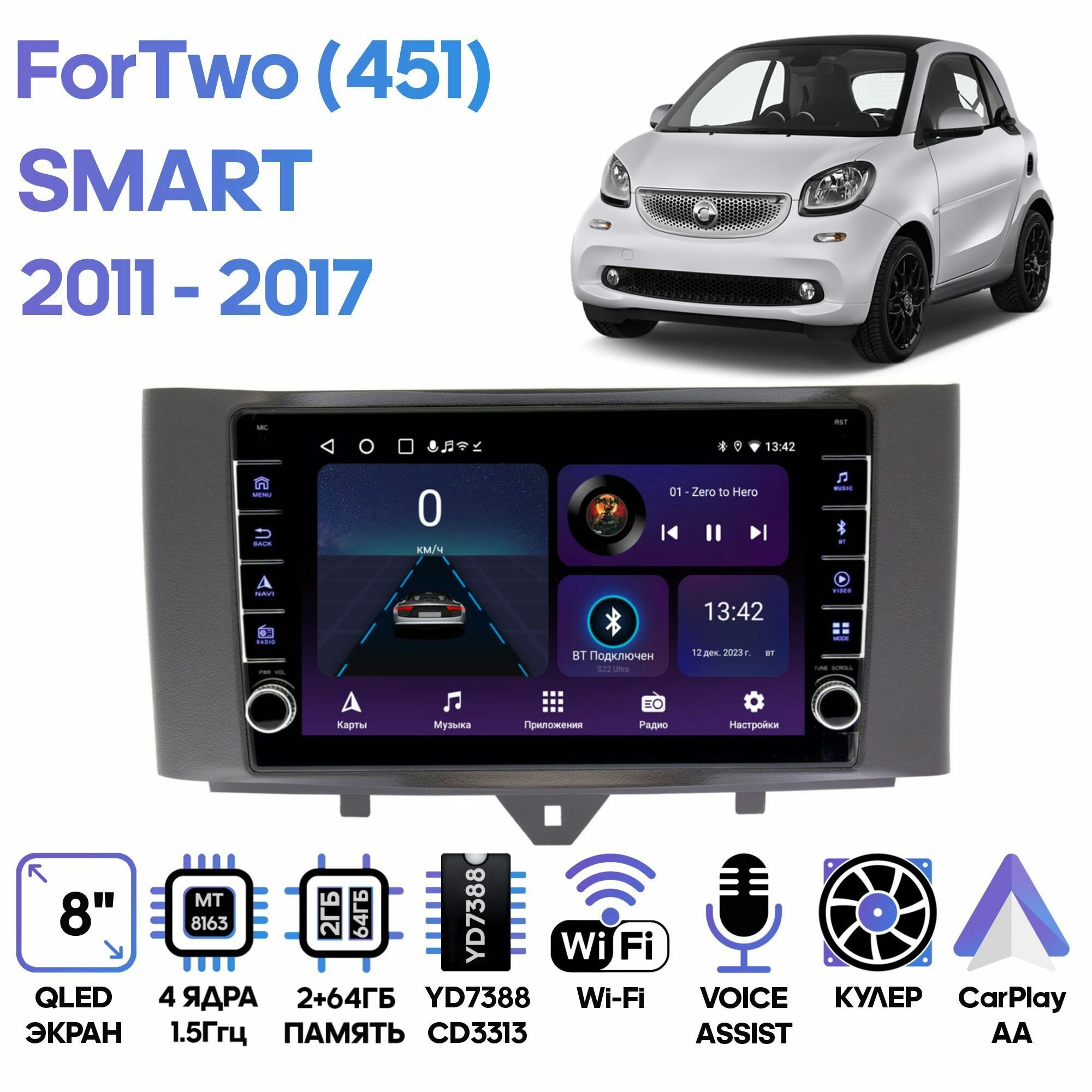 Магнитола SMART ForTwo 451 2011 - 2017 / 9 дюймов с кнопками, 2/64GB, 4 ядра, Wi-Fi, Android 9 / Wide Media