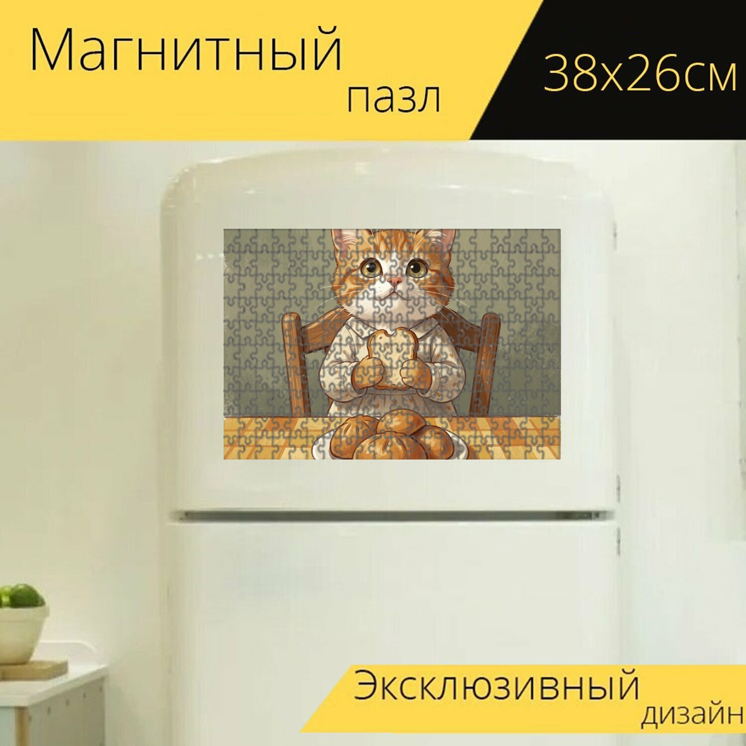Магнитный пазл "Котенок с хлебом за столом. Милый рыжий питомец в домашней одежде сидит у стола с выпечкой, держит кусок хлеба лапками. Уютная иллюстрация в." для интерьера, 38х26 см.