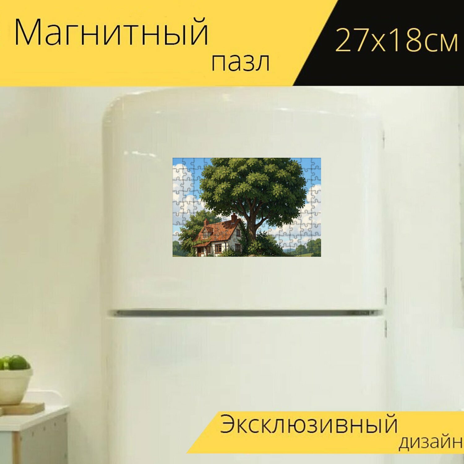 Магнитный пазл "Уютный дом под большим деревом. Живописный сельский пейзаж в тёплых зелёно-голубых тонах: маленький коттедж среди цветущего луга." на холодильник 27 x 18 см.