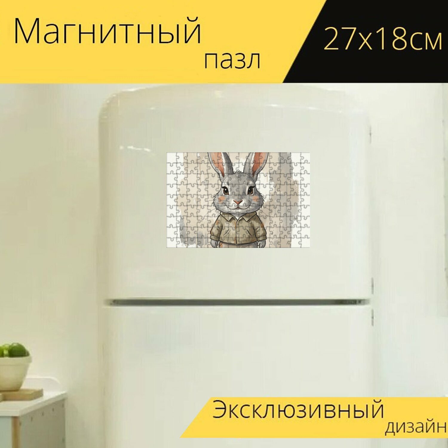 Магнитный пазл "Зайчонок в одежде. Милый серый кролик в бежевом костюме, с длинными ушами и выразительными глазами. Акварельная иллюстрация в пастельных." на холодильник 27 x 18 см.