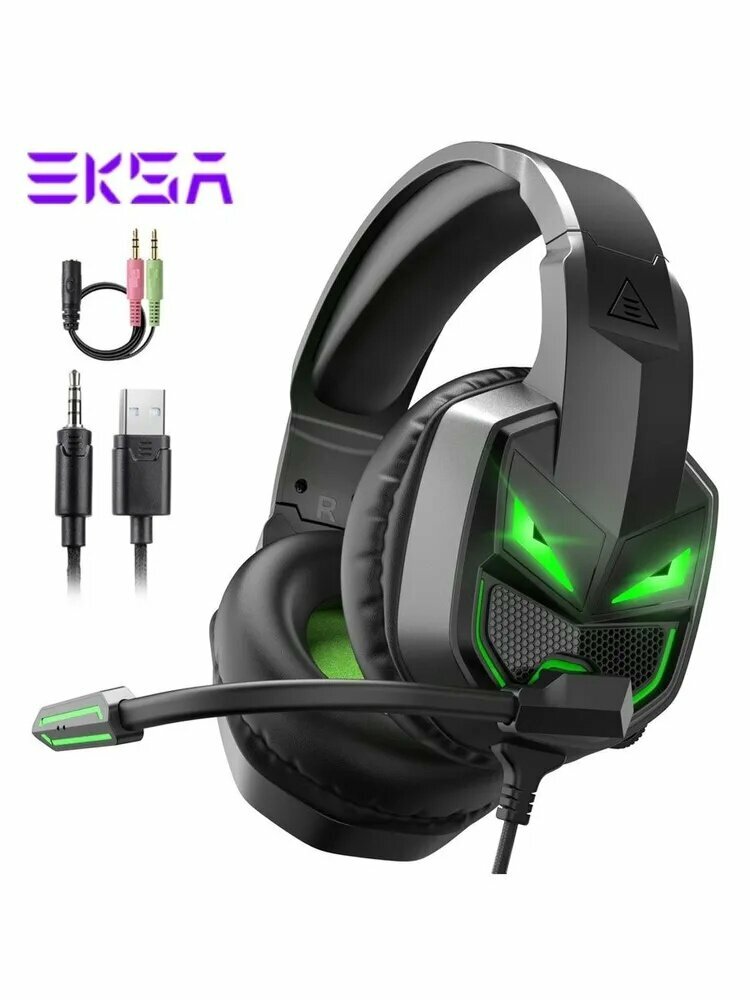 EKSA Наушники проводные с микрофоном, USB Type-C, 3.5 мм x2, черный матовый, зеленый