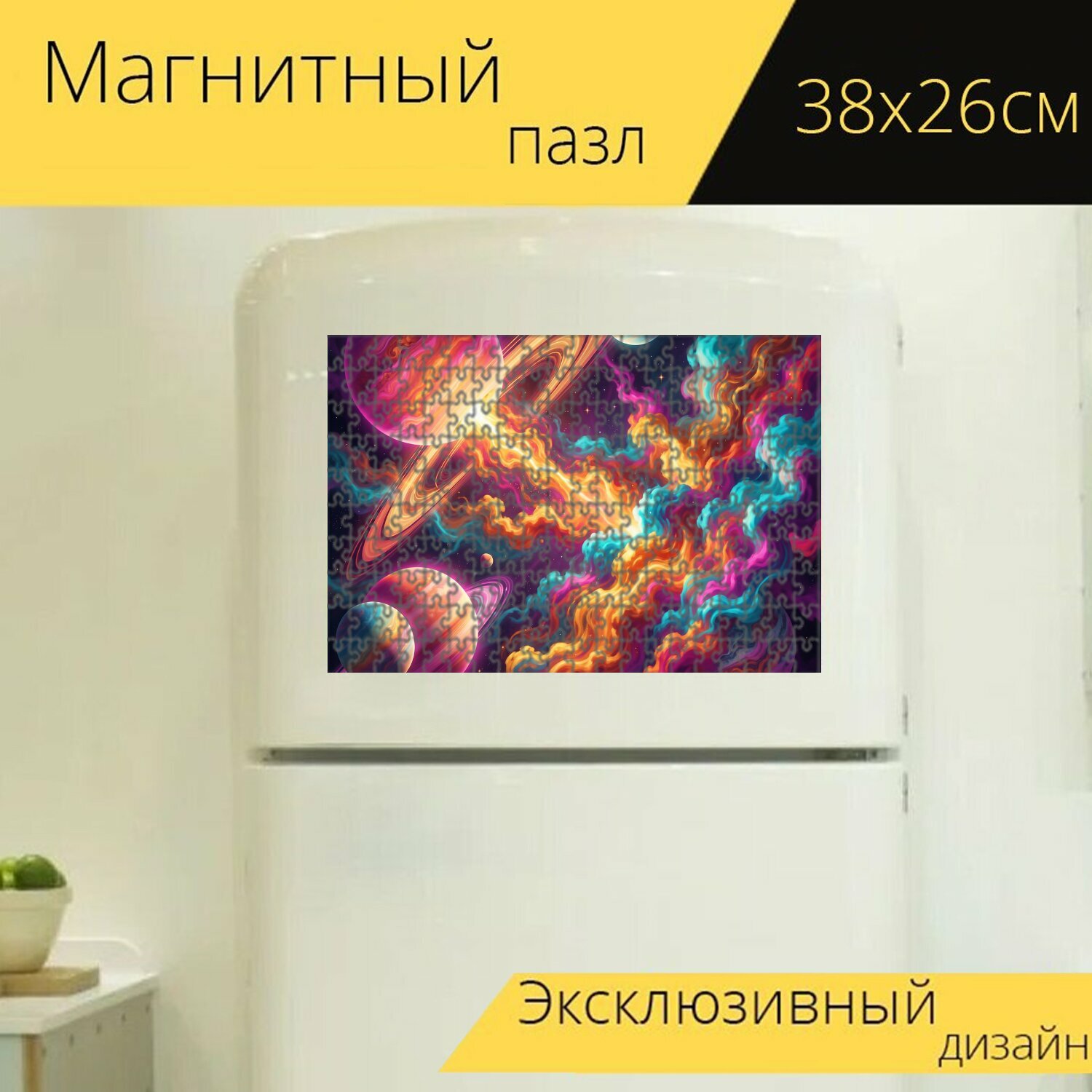 Магнитный пазл "Фантастический космос с кольцевыми планетами. Яркая галактическая сцена с неоновыми небесными телами, огненными туманностями и звездным." для интерьера, 38х26 см.