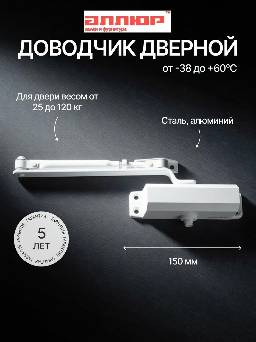 Доводчик дверной морозостойкий аллюр COMFORT ДД 132/2-3 A-W, до 80 кг, цвет серебро