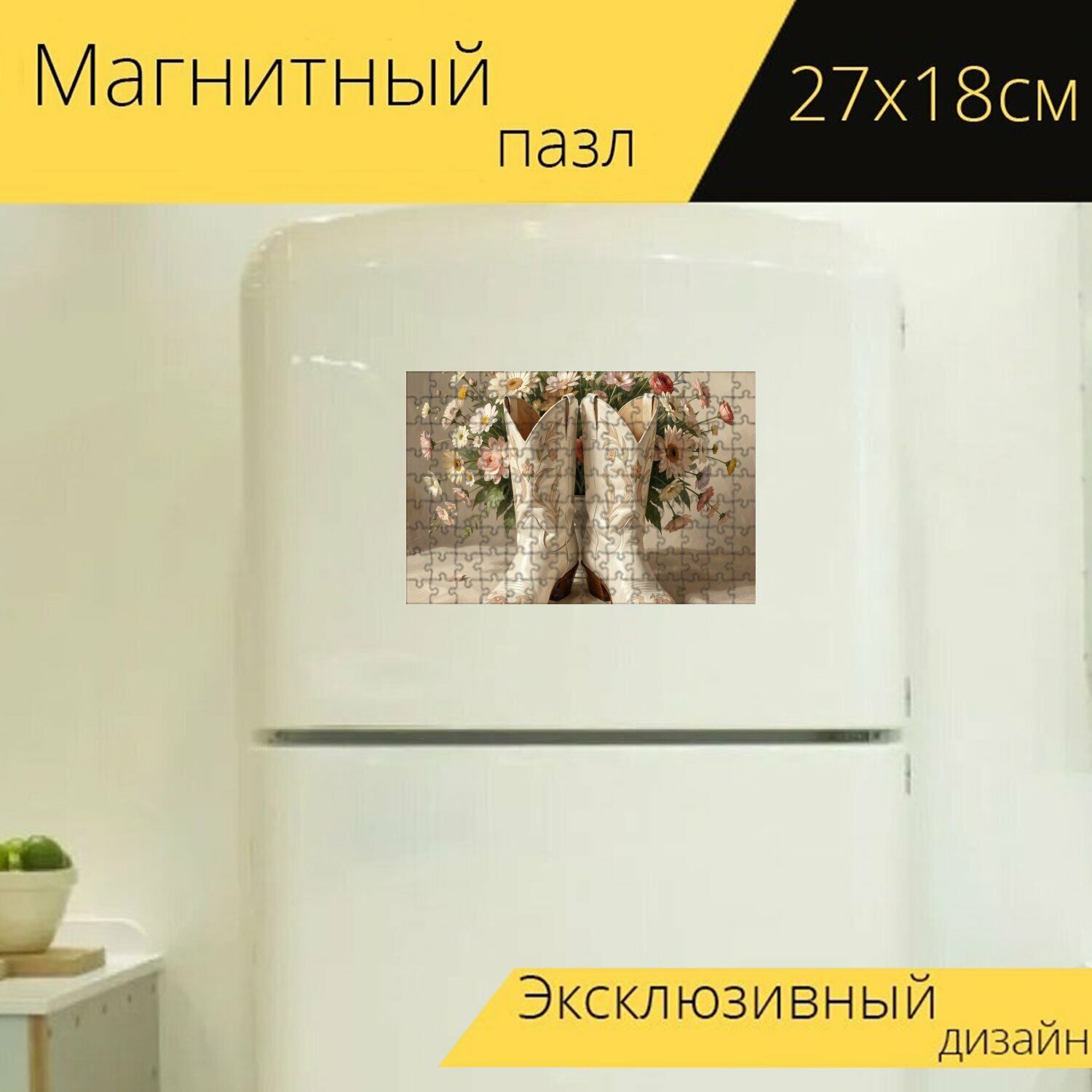 Магнитный пазл "Белые ковбойские сапоги с цветами. Романтичная композиция с парой светлых казаки и пышным букетом полевых и садовых растений. Нежная." на холодильник 27 x 18 см.
