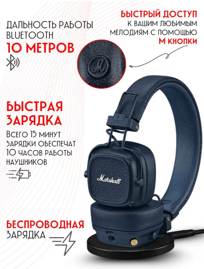 Беспроводные наушники Marshall Major V Blue, Bluetooth 5.3, синий