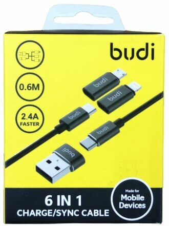 Кабель зарядки Type-C to Type-C Budi DC180A-BLK 6в1 с переходниками Lightning Кабель зарядки Type-C to Type-C Budi DC180A-BLK 6в1 с переходниками Ligtning USB и micro USB 2.4A 60