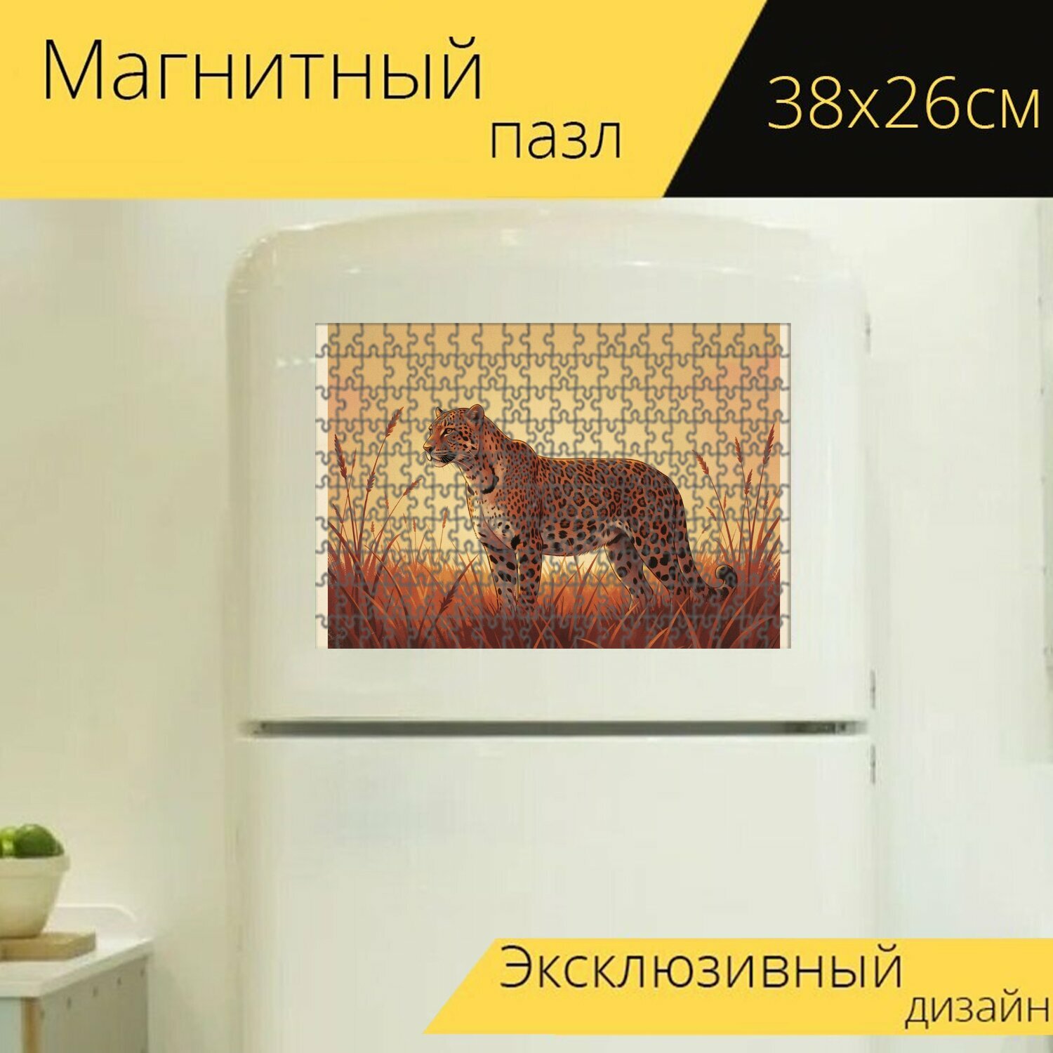 Магнитный пазл "Леопард в саванне на закате. Пятнистый хищник среди высокой травы африканской степи, цифровая иллюстрация в теплых золотисто-терракотовых." для интерьера, 38х26 см.