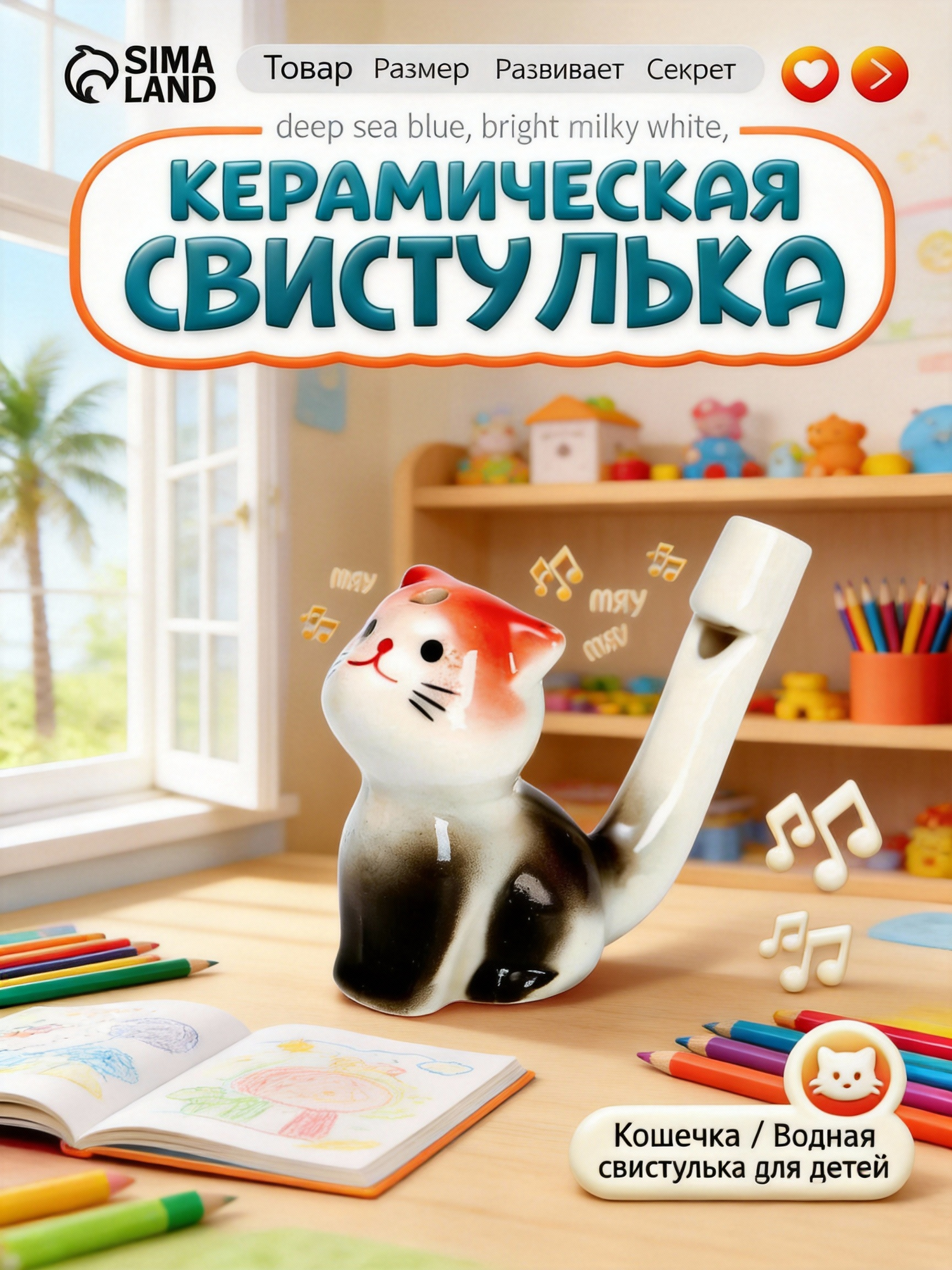 Керамическая свистулька с водой котенок, музыкальная игрушка для развития слуха и творческих экспериментов у детей