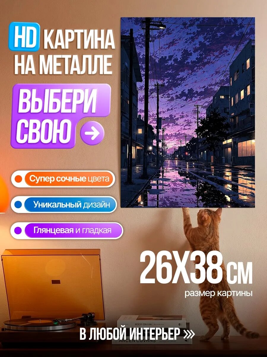 Картина на HD металле Ночной город в дожде