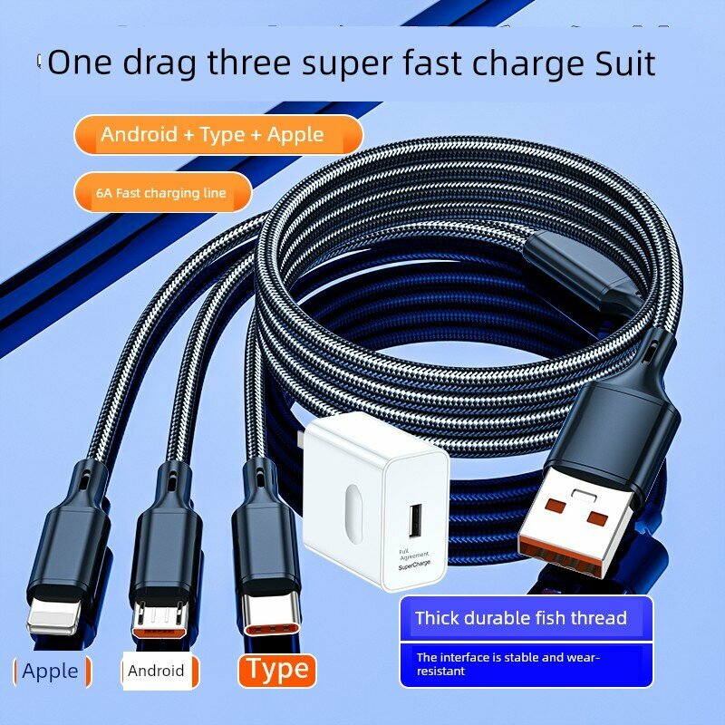 3-в-1 зарядный кабель с портами USB-C, Lightning и Micro USB и 18Вт зарядным устройством, 6А быстрая зарядка, длина 2