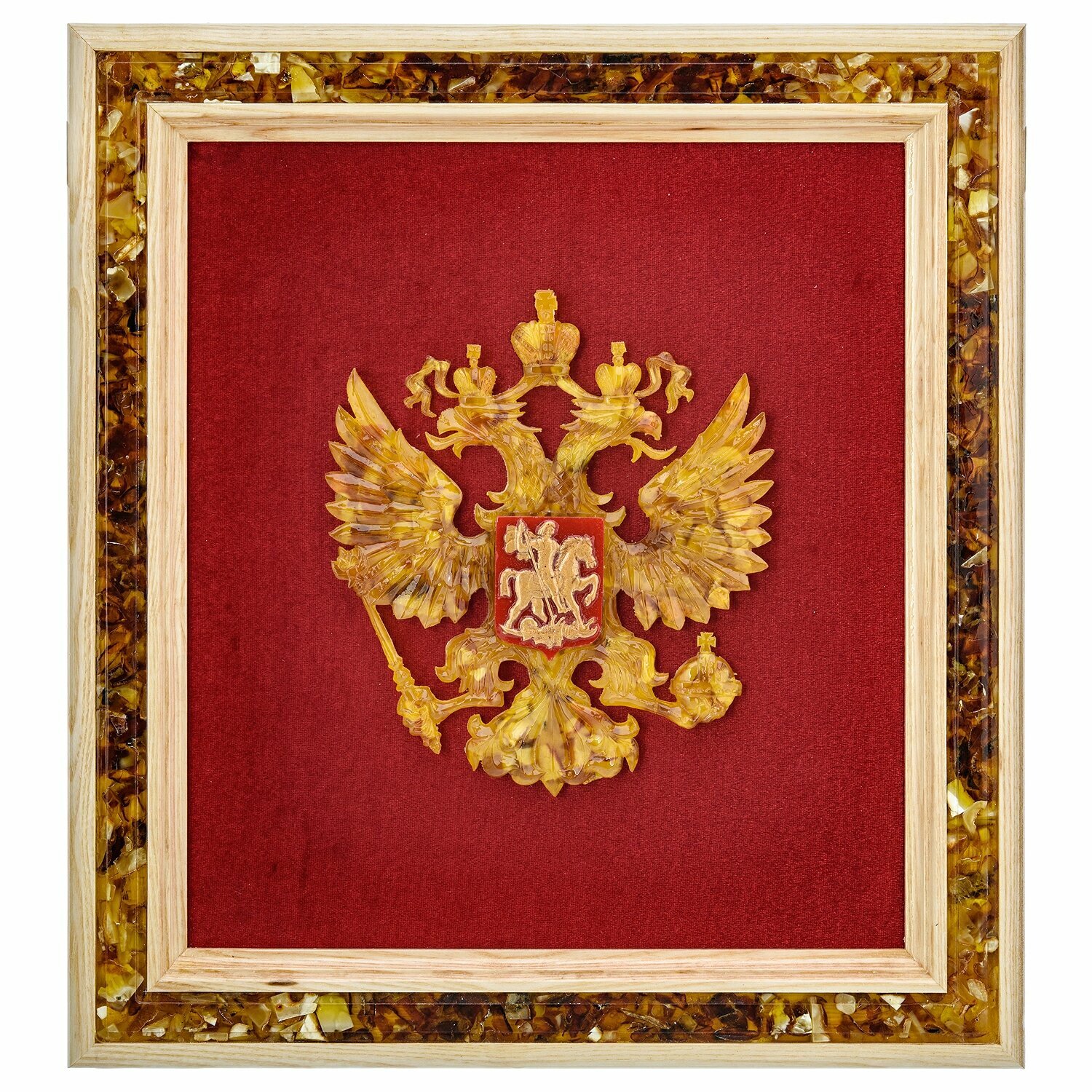 0076607 Янтарь Панно "Герб РФ" янтарь в полиэфирн смоле 44*40 см