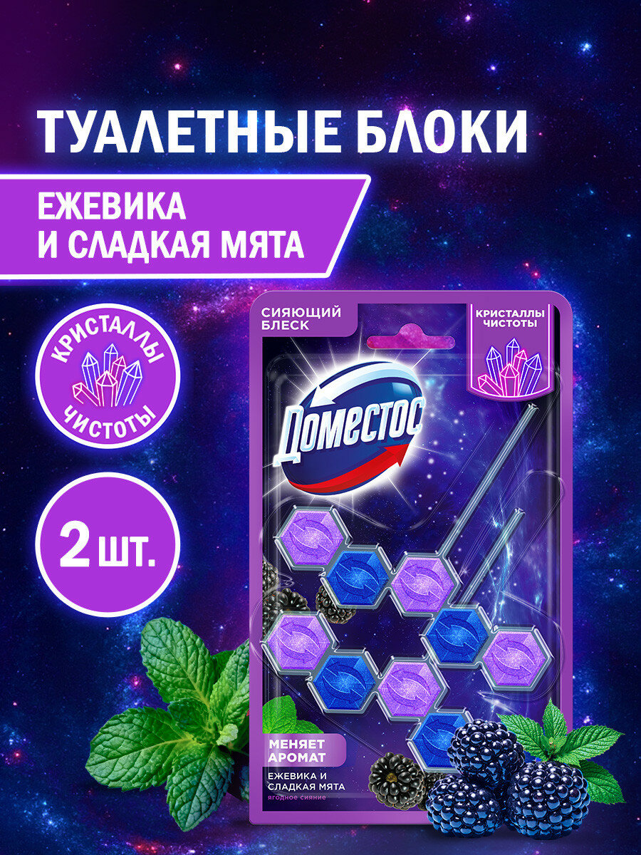 Сменный блок для унитаза туалетный подвесной, шарики для туалета Доместос Ягодное сияние, набор 2 штуки