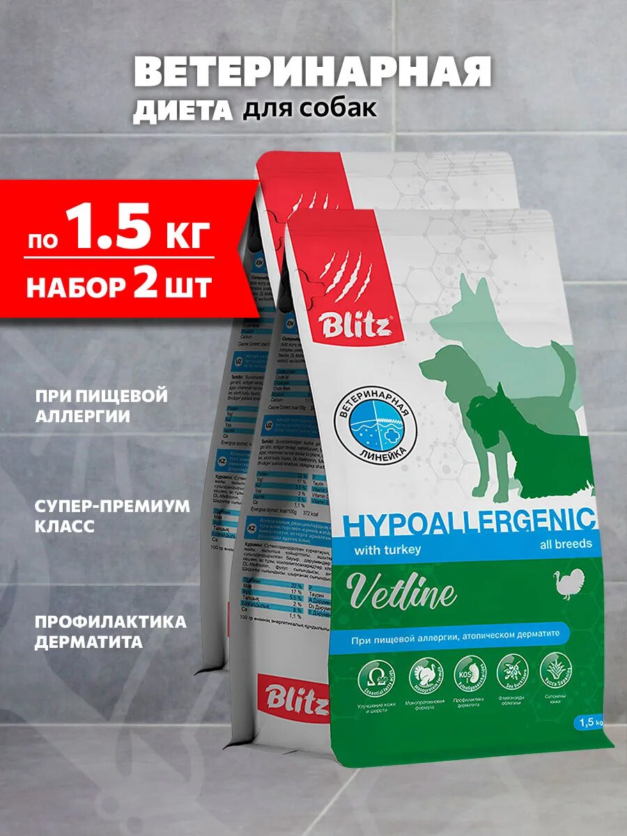 Корм сухой Blitz Hypoallergenic для собак при пищевой аллергии, непереносимости и атопическом дерматите, 1,5 кг х 2 шт