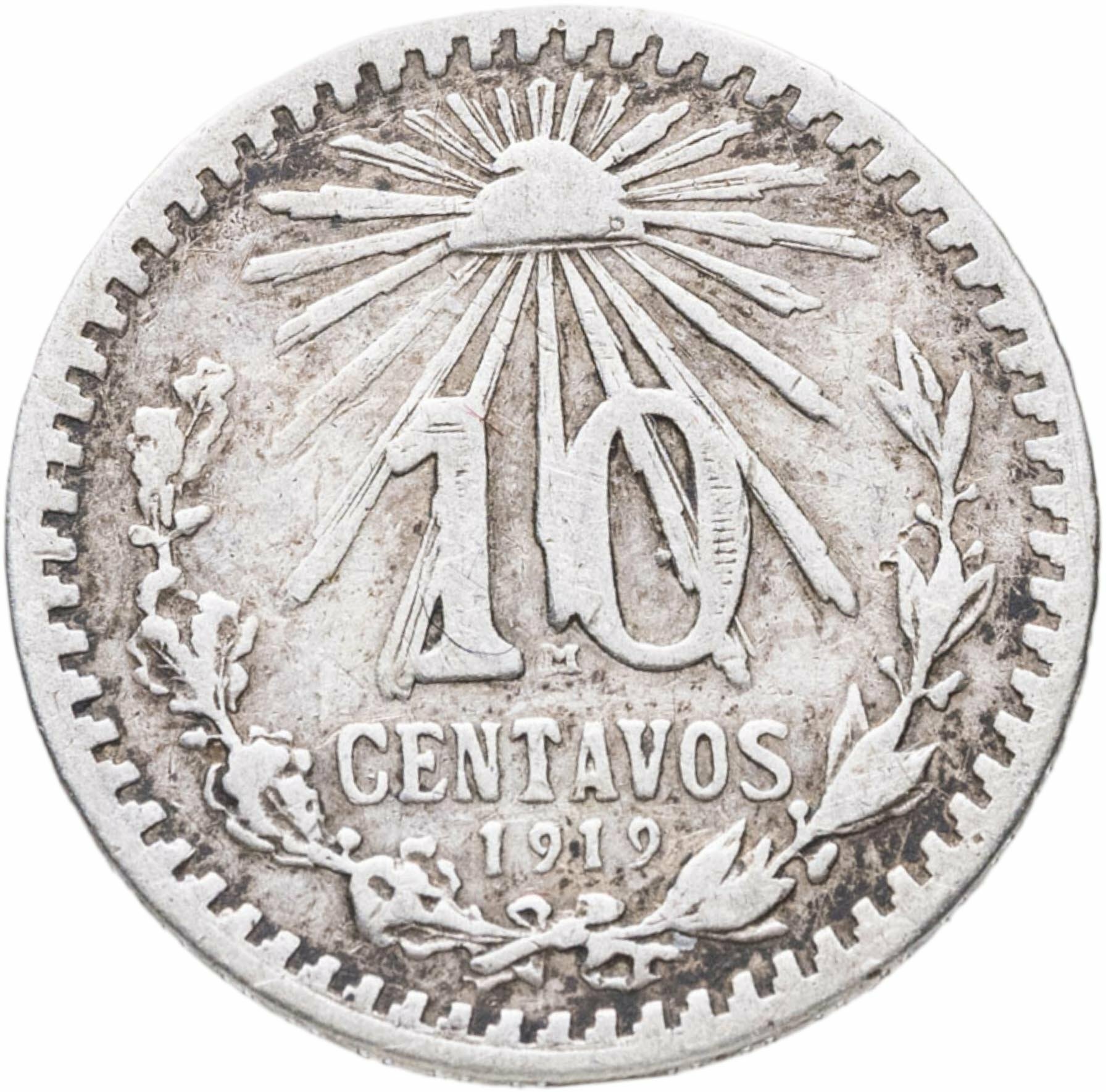 Мексика 10 сентаво (centavos) 1919 серебро /серый цвет/