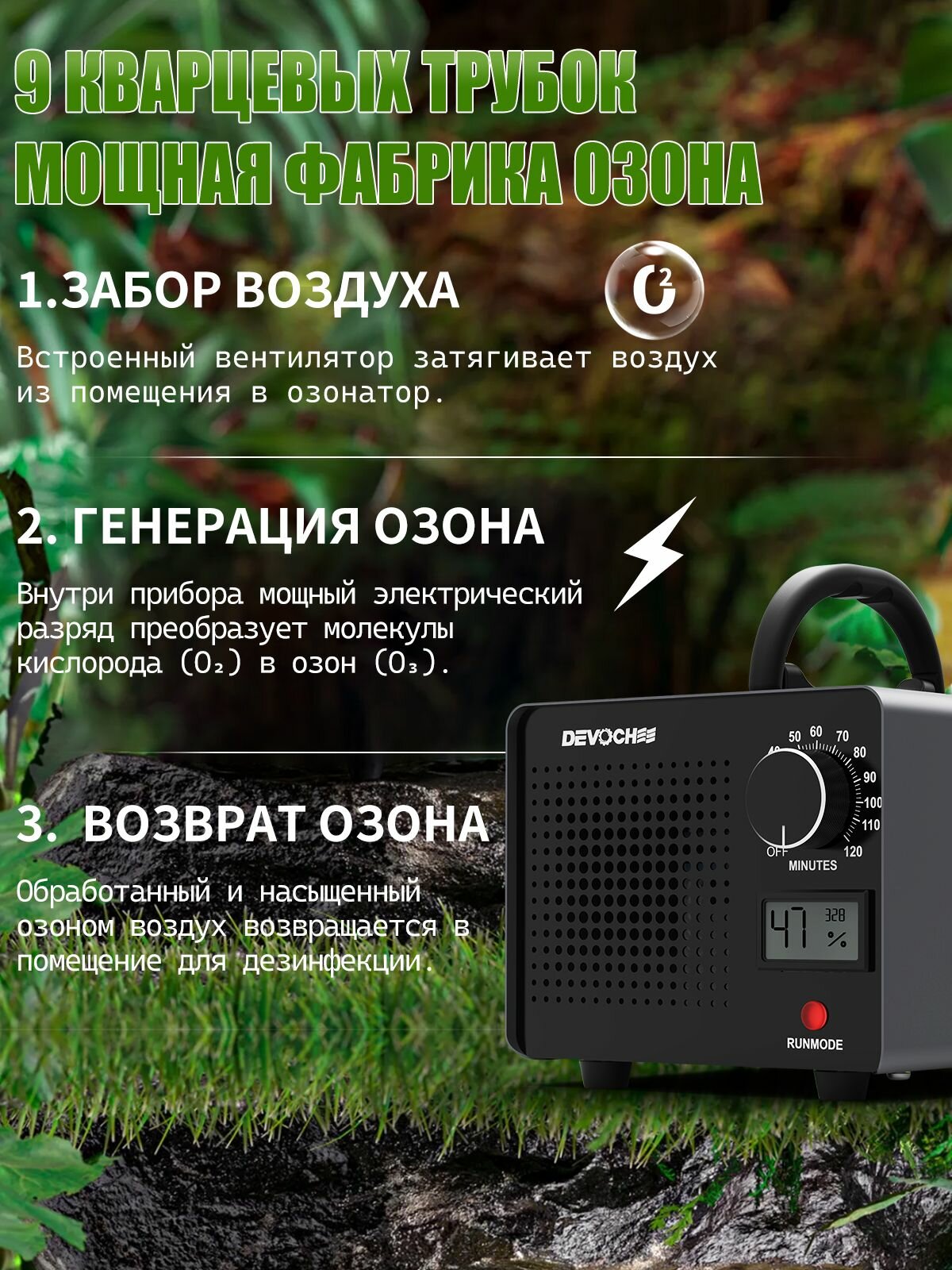 Озонатор воздуха с гигрометром и термометром, Генератор озона 9 кварцевых трубок, мощный очиститель воздуха для дома и квартиры до 400 м