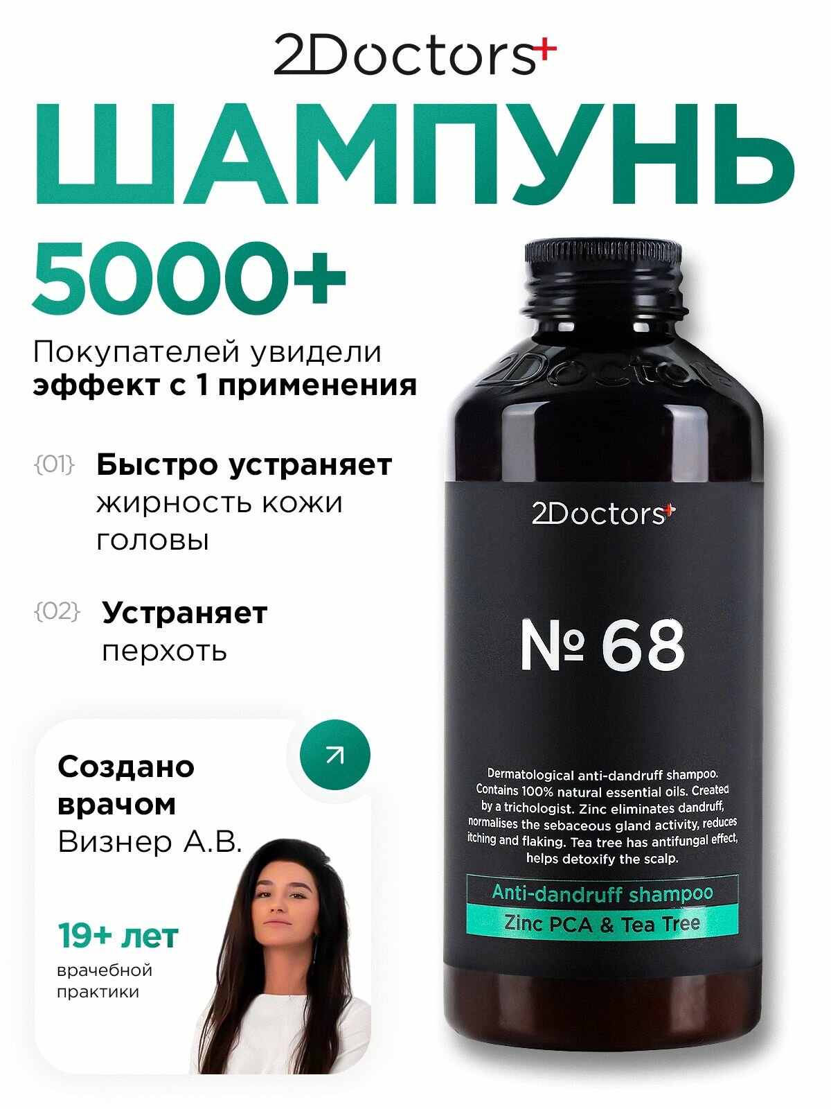 Шампунь от перхоти и зуда с Цинком, салициловой кислотой и маслом Чайного дерева / шампунь мужской и женский/ с салициловой кислотой, №68 от 2Doctors, 248 мл.