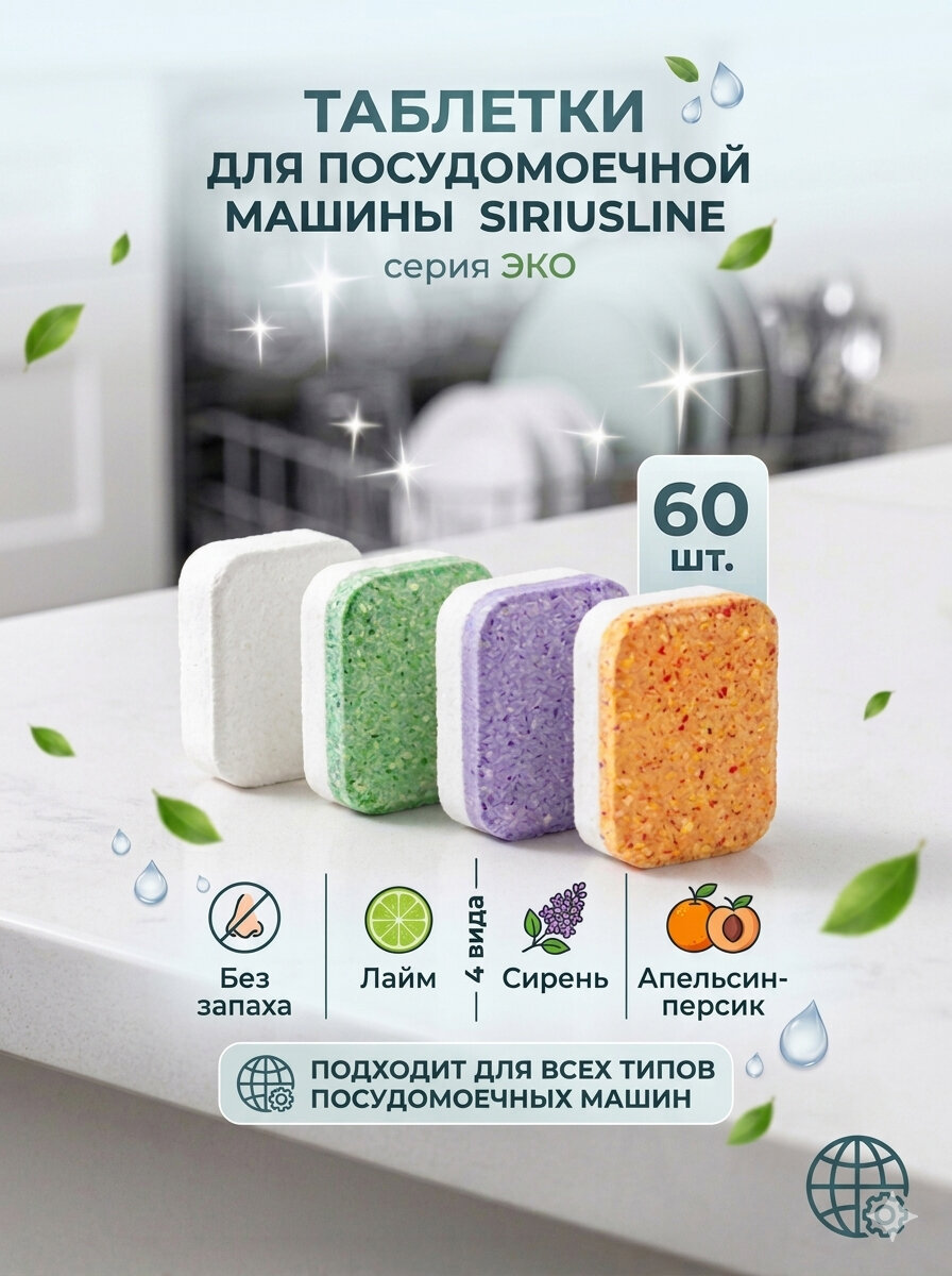 Таблетки для посудомойки Siriusline, для блеска, активный кислород, 60шт