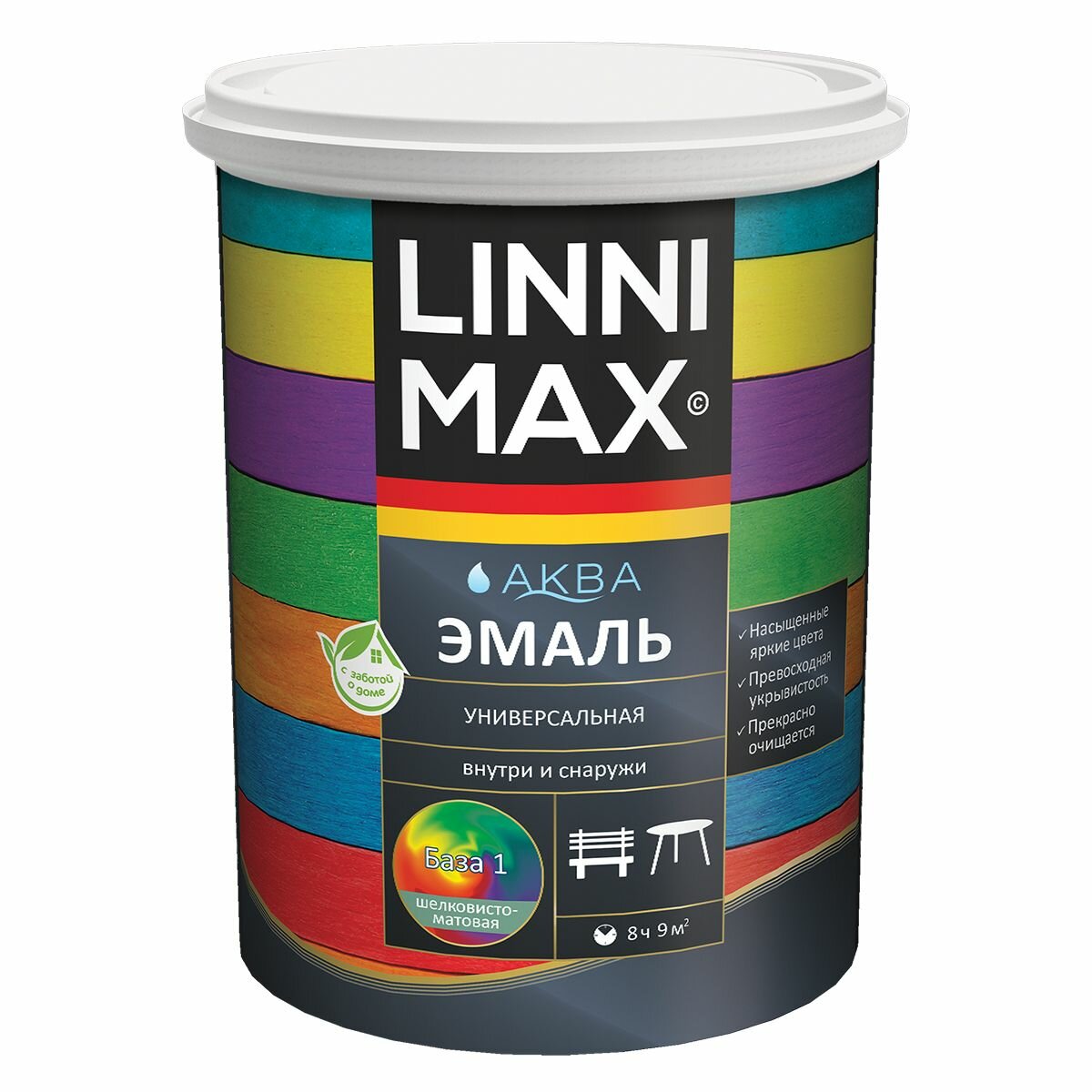 Эмаль акриловая Linnimax Аква универсальная, шелковисто-матовая, база 1, белая, 0,9 л 948105442