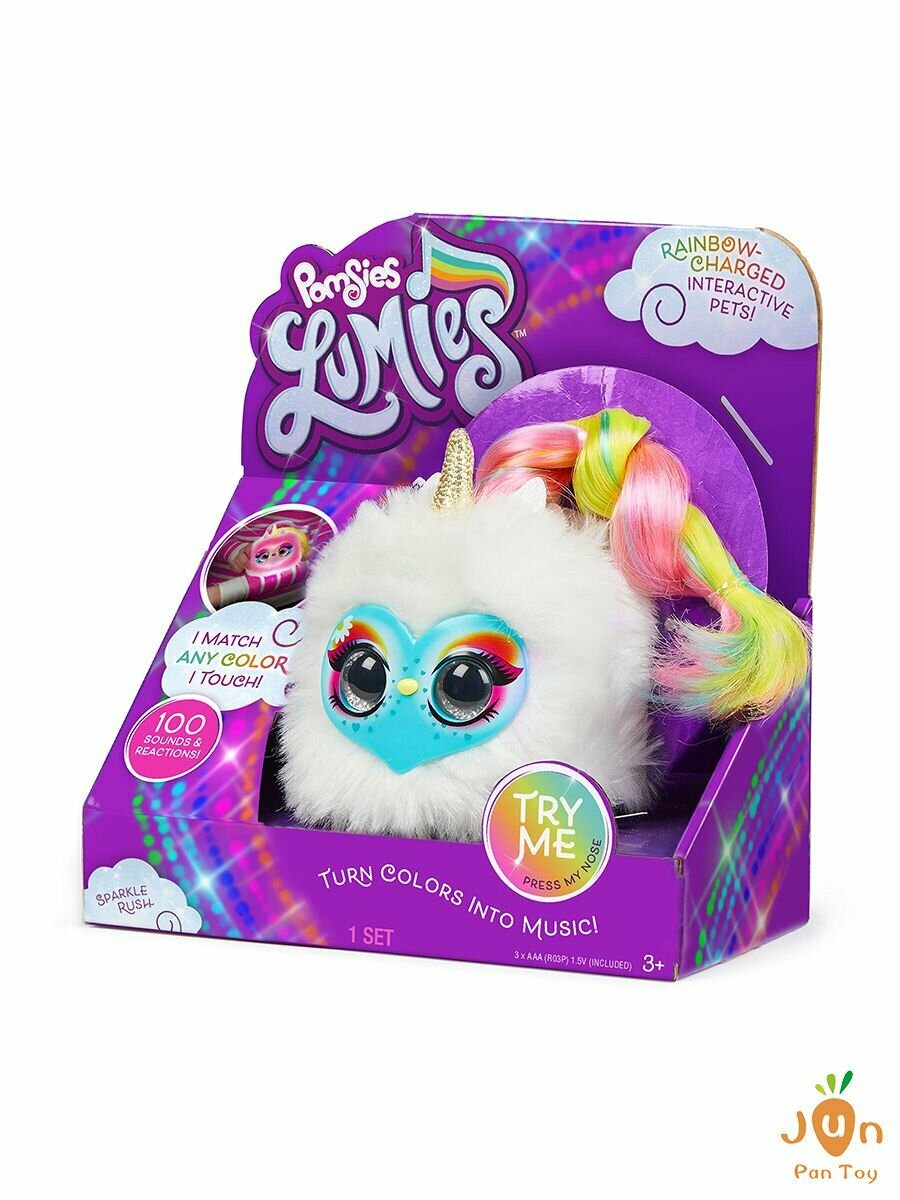 Pomsies Lumies Sparkle Rush / Интерактивная плюшевая единорожка с голубой мордочкой в форме сердечка, воспроизводит 100 звуков. Для детей от 3 лет.