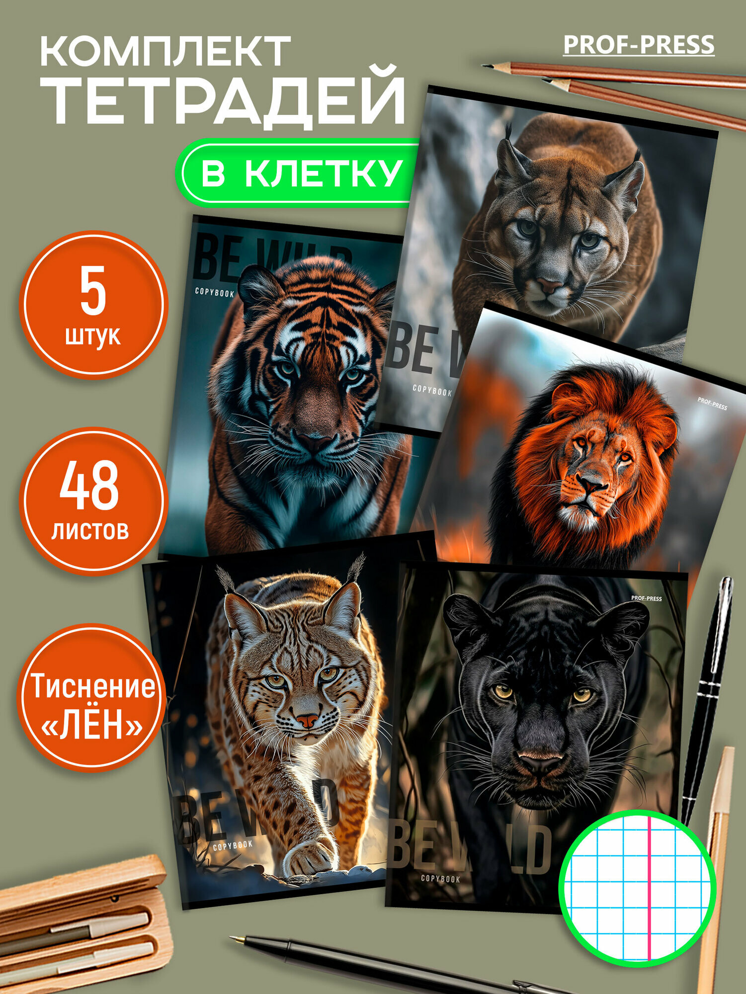 Тетрадь 48 листов в клетку Prof-Press, набор 5 штук