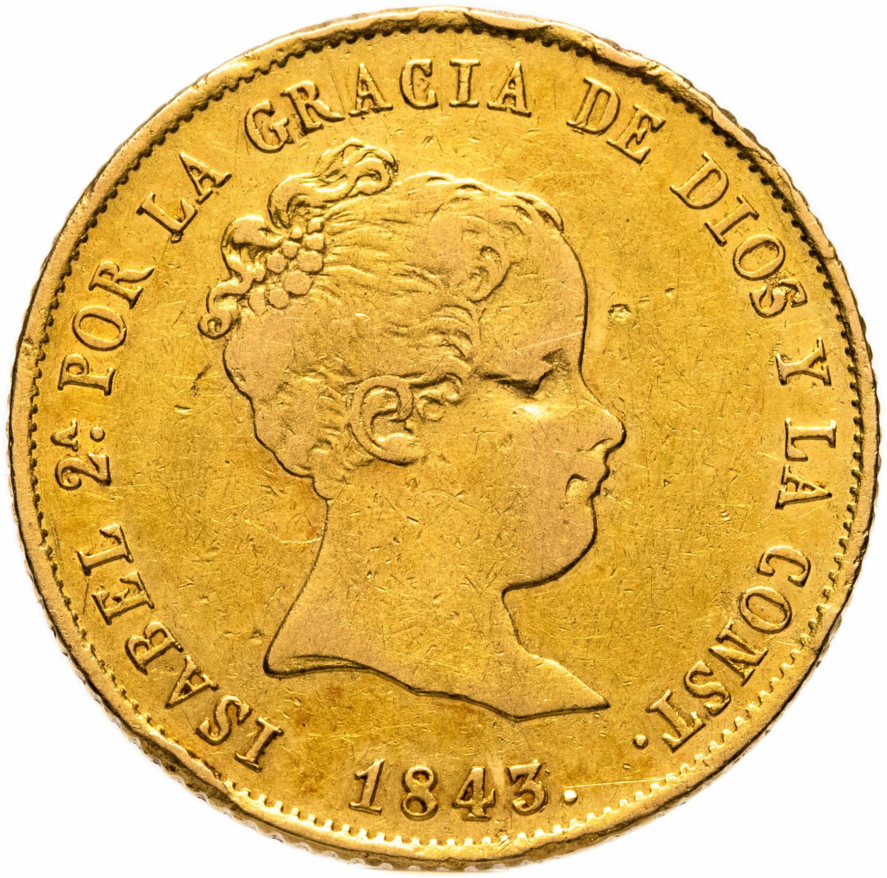 Испания 80 реал 1843, знак монетного двора "M" - Мадрид, Золото 875, в сохранности VF-XF