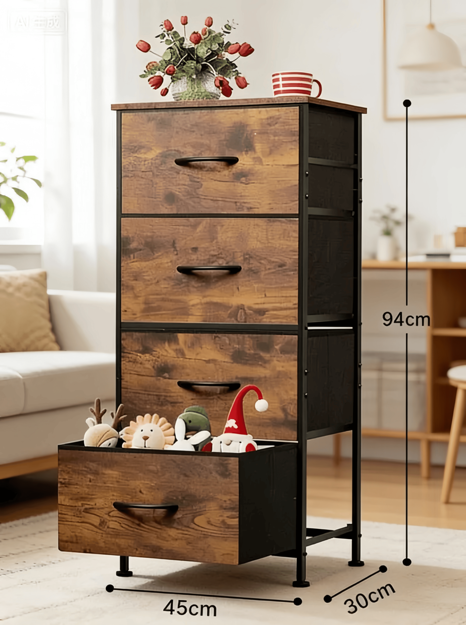 Комод ASDF, 4 ящика, 45x30x95см, шпон/текстиль, глянцевый, с корзиной