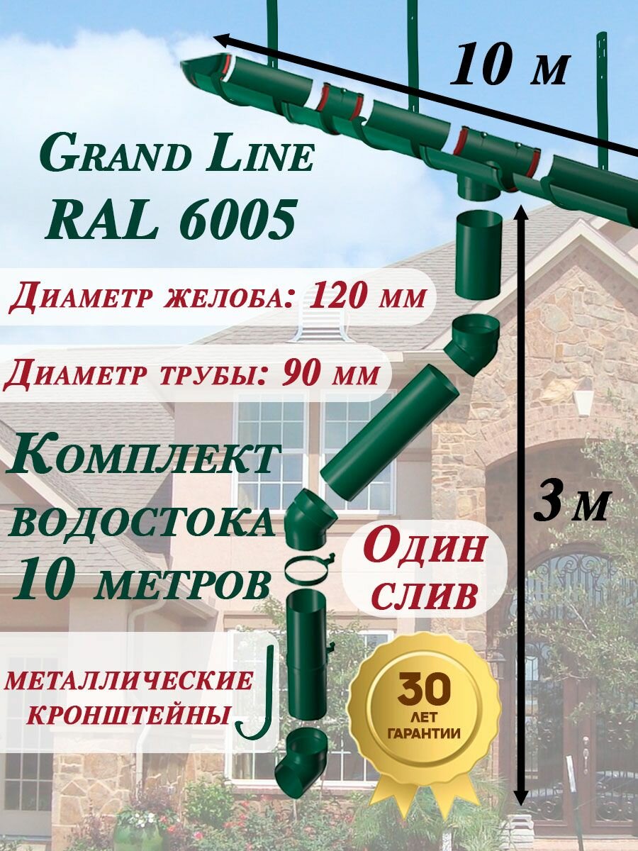 Водосток Grand Line 120/90 мм для крыши 10 м 1 слив (1,5 м + 1 м) с металлическими кронштейнами, комплект водосточной системы дома пластиковый Гранд Лайн (RAL 6005 зеленый мох) комплект ПВХ