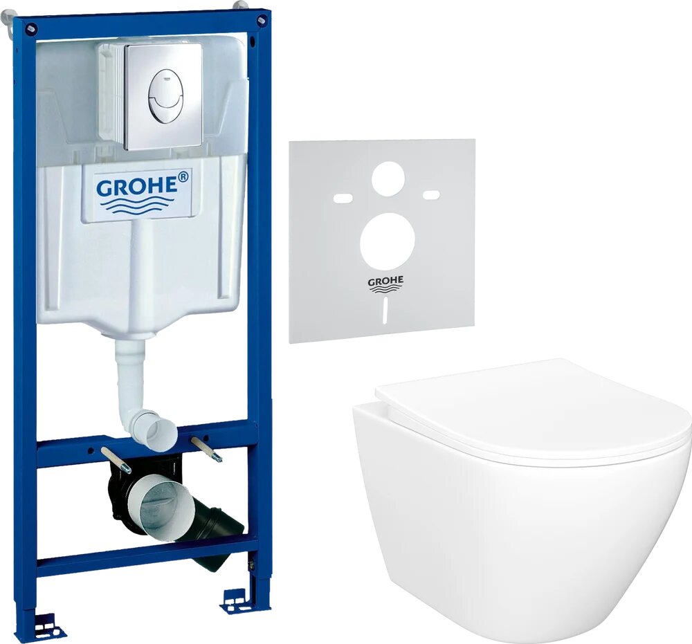 Комплект 5 в 1 Унитаз подвесной STWORKI Кронборг S28401WH / Инсталляция с кнопкой Grohe Rapid SL 38721001 / Звукоизоляция 37131000, Крышка-сиденье